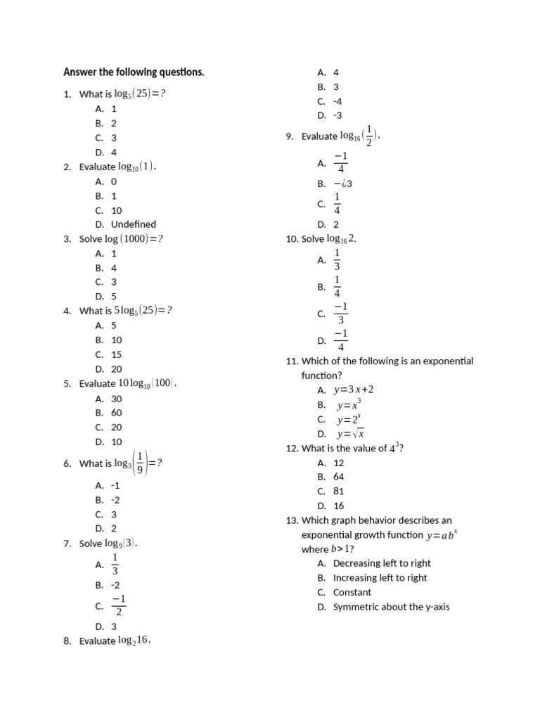 Logarithm and Exponential Function Quiz | PDF | Logarithm ...