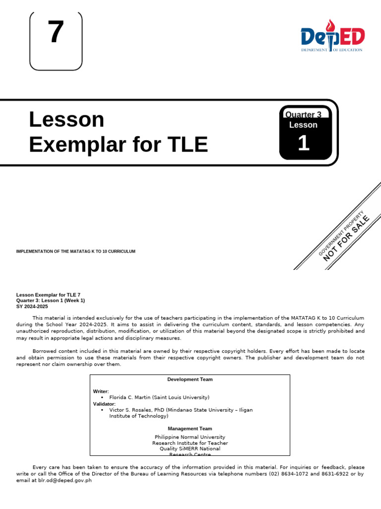Q3 - LE - TLE 7 - Lesson 1 - Week 1 | PDF | Tourism | Teachers