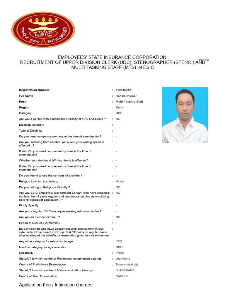 ESIC MTS Application Details for Randhir Kumar | PDF