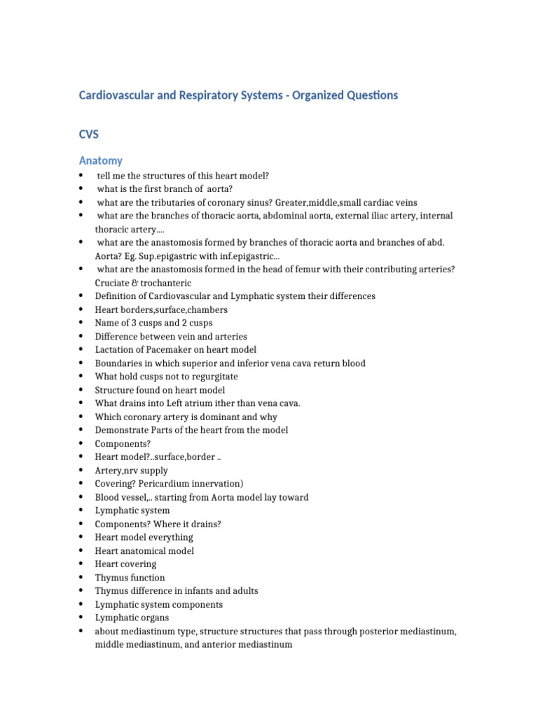 Organized CVS and Respiratory Questions | PDF | Heart | Respiratory System