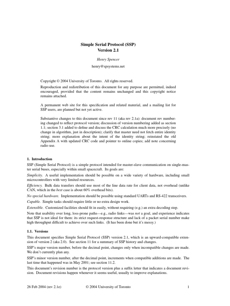 Simple Serial Protocol (SSP) | PDF | Transmission Control Protocol | Integer (Computer Science)