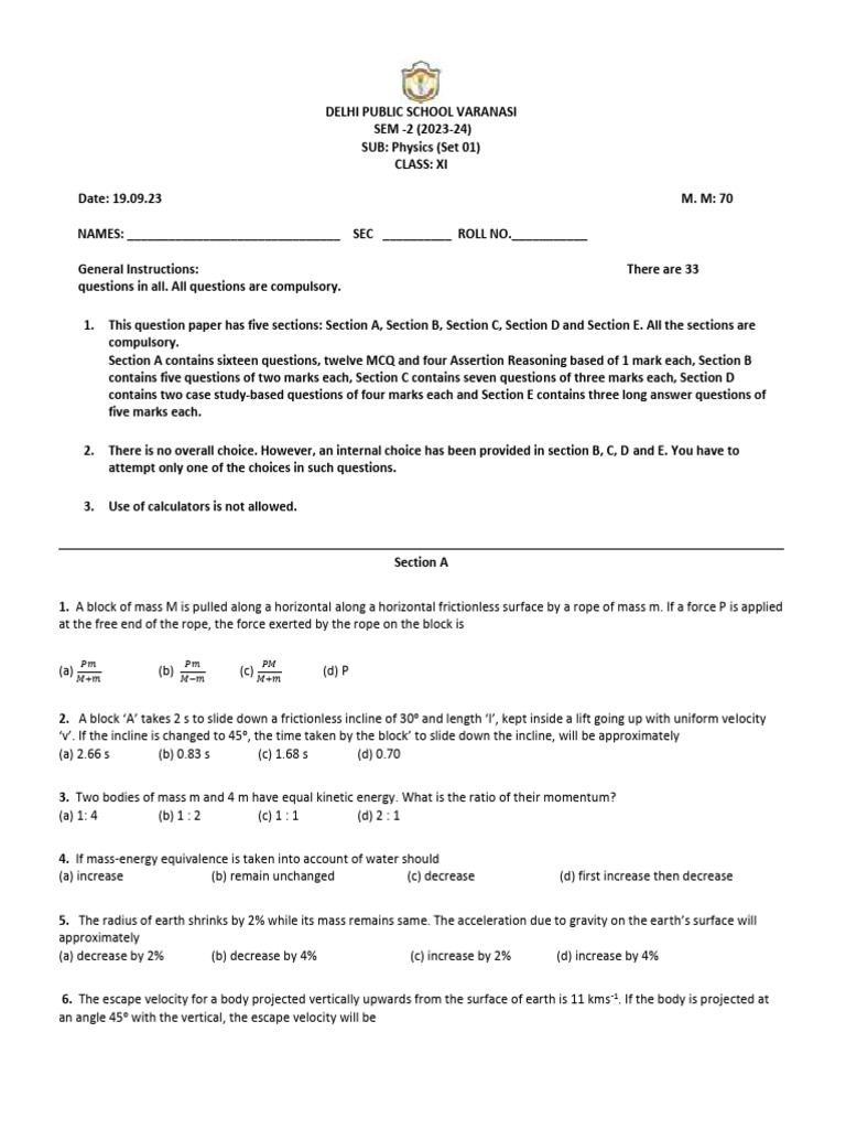 Class XI Physics Paper SA02 24-25 SET01 | PDF | Deformation ...