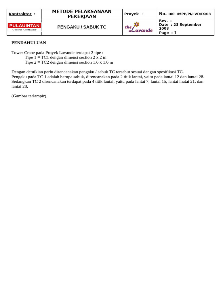 Rencana Pengaku Tower Crane Proyek Lavande | PDF