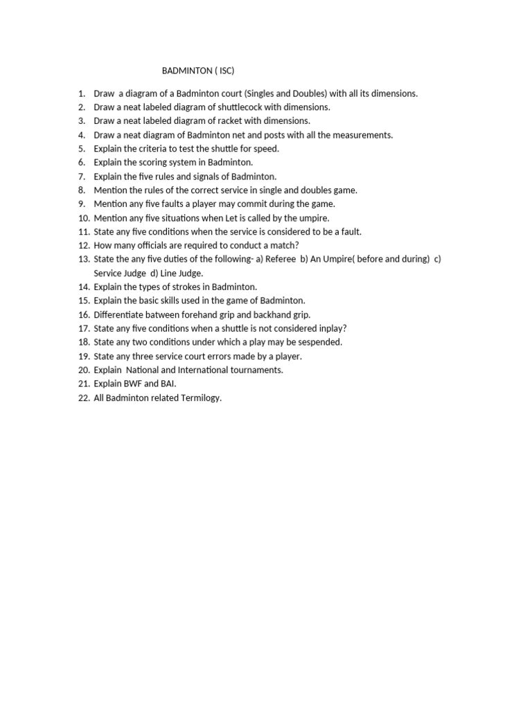Badminton Isc Questions | PDF