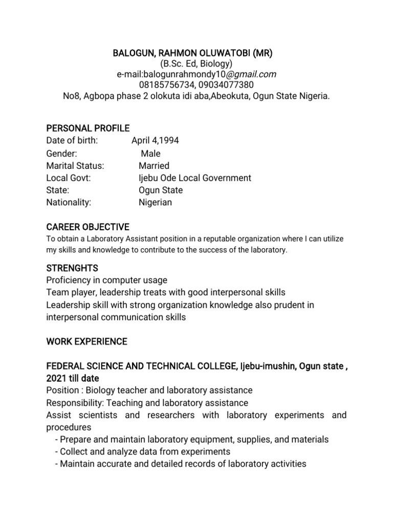 Balogun Rahmon Lab Assistance | PDF | Laboratories | Scientific Method