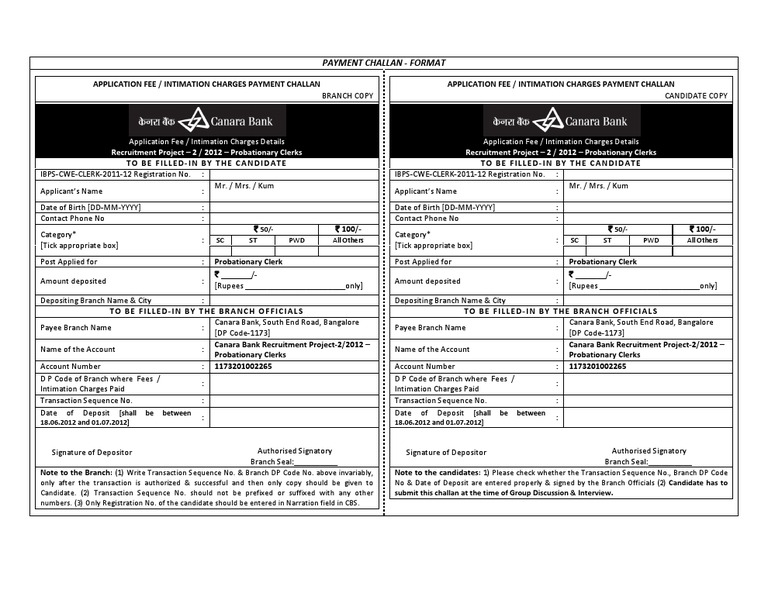 Challan Canara Bank Pro Clerks | Fee | Deposit Account
