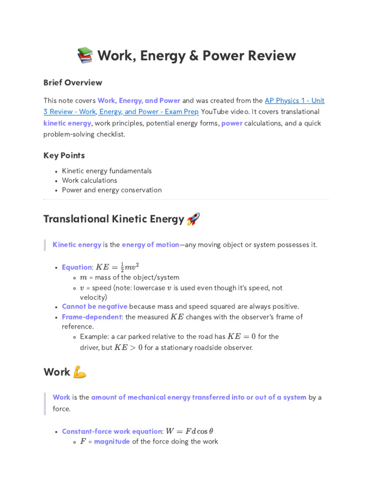 Work, Energy & Power Exam Review Guide | PDF | Potential Energy | Force