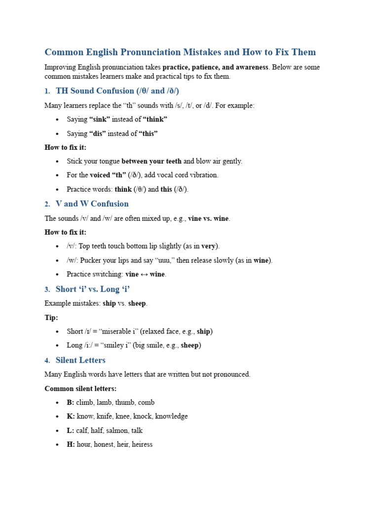Common English Pronunciation Mistakes and How To Fix Them | PDF ...