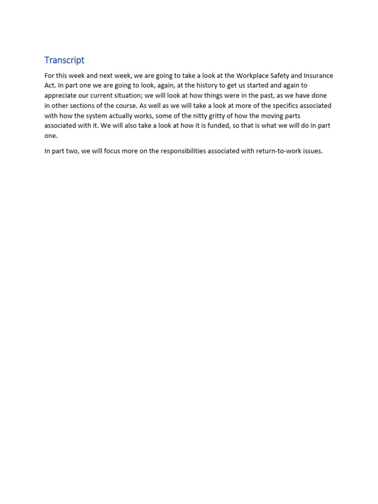 Workplace Safety and Insurance Act Intro Transcript | PDF