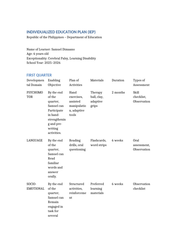 IEP for Samuel: Cerebral Palsy Support | PDF | Learning | Behavioural ...