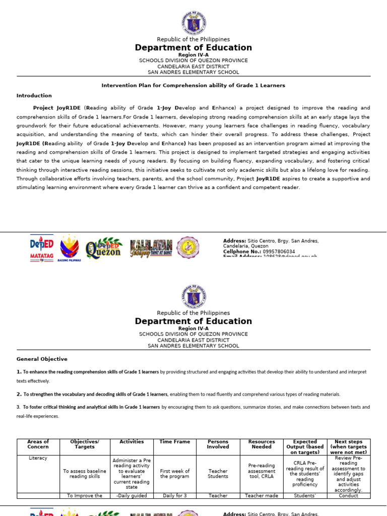 Intervention Plan Literacy Gr1 Magcawas | PDF | Reading Comprehension ...