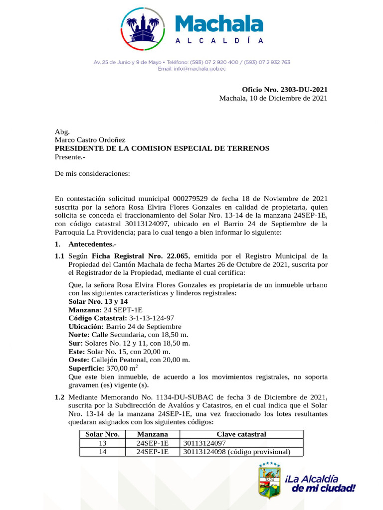 Oficio No. 2303 de Fracc. Solar No. 13 y 14 Mz. 24SEPT-1E Sra. Rosa ...