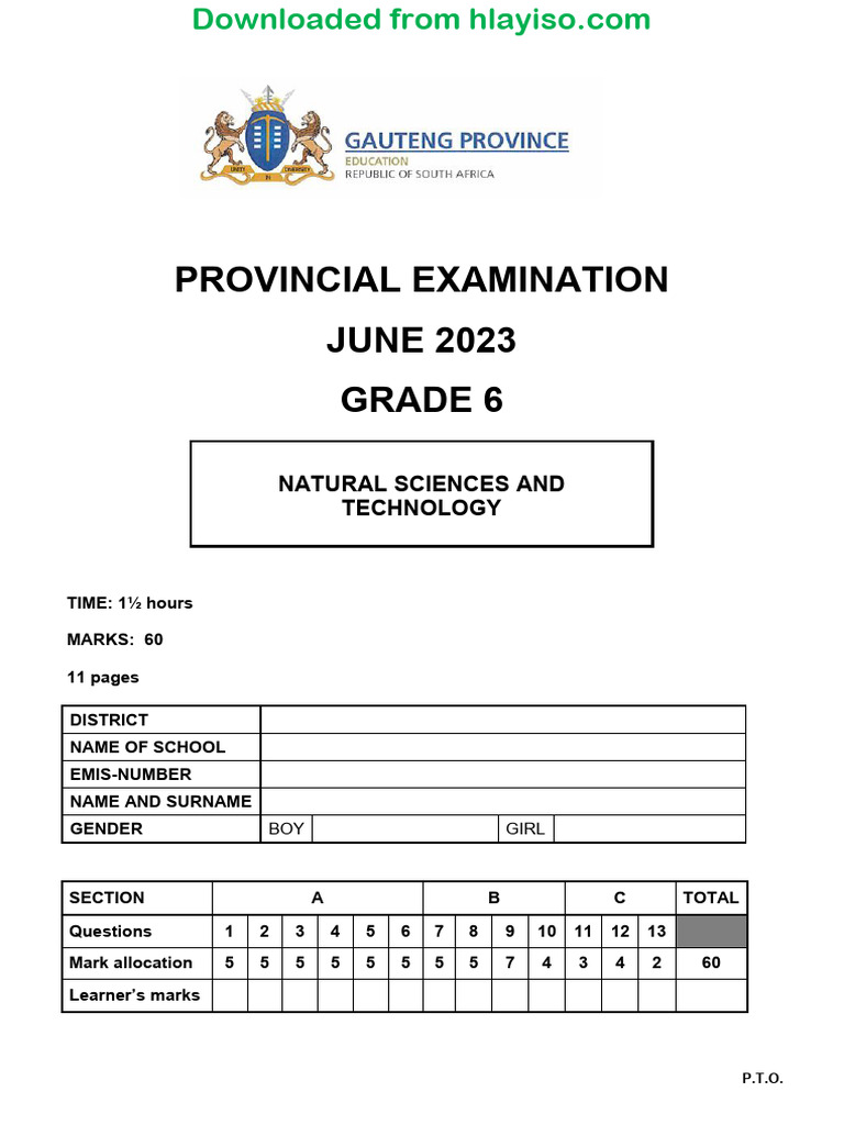 Grade 6 Natural Sciences Exam 2023 | PDF | Filtration | Solid