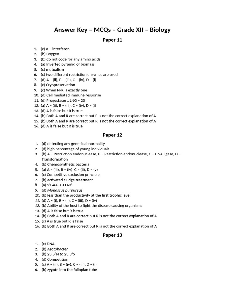 Grade XII Biology MCQ Answer Key | PDF | Restriction Enzyme | Biology