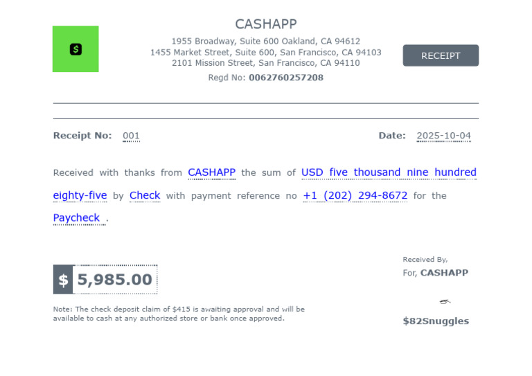 CashApp Receipt for Paycheck Deposit | PDF