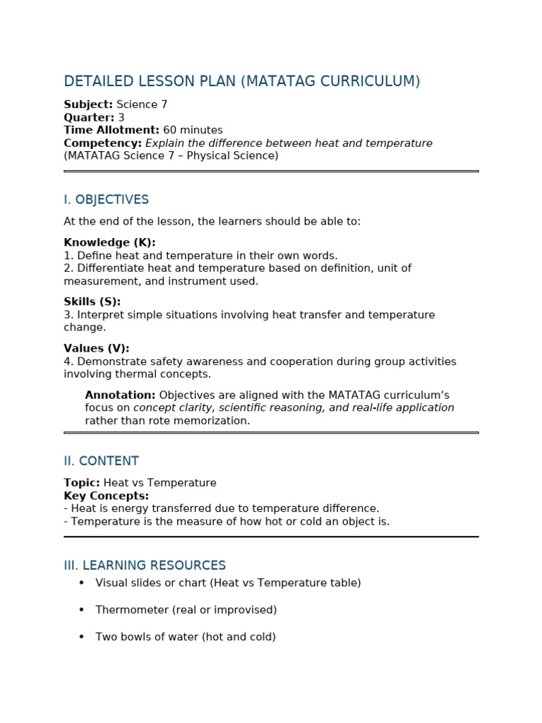 Science 7: Heat vs Temperature Lesson Plan | PDF | Heat | Learning