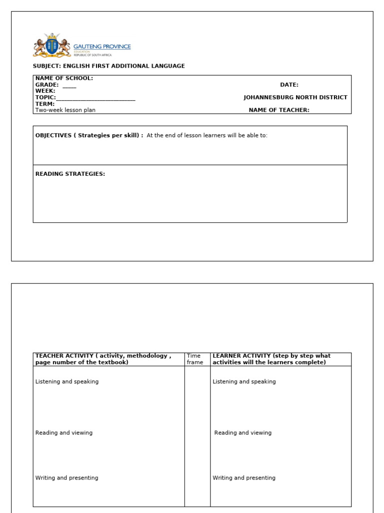English Additional Language Lesson Plan | PDF