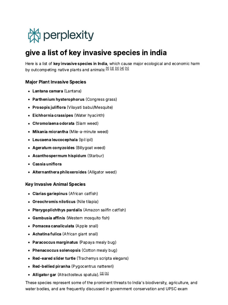 Give A List of Key Invasive Species in India | PDF