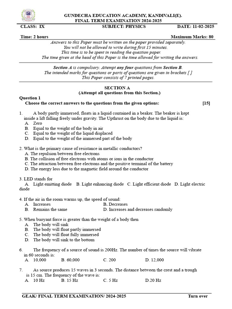 Class 9 Physics Final 2025 | PDF | Mirror | Reflection (Physics)