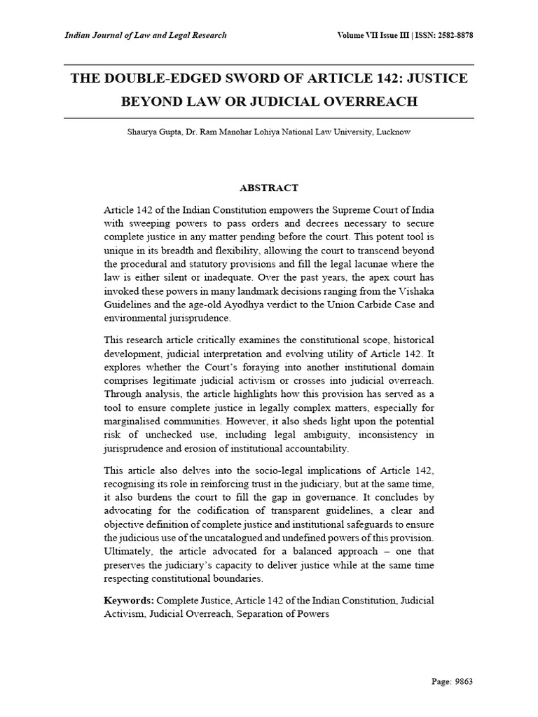 The Double-edged Sword of Article 142- Justice Beyond Law or Judicial ...