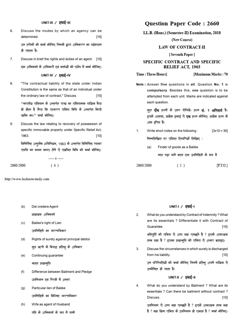 Llb 2 Sem Hons Law of Contract 2 Specific Contract and Specific Relief ...