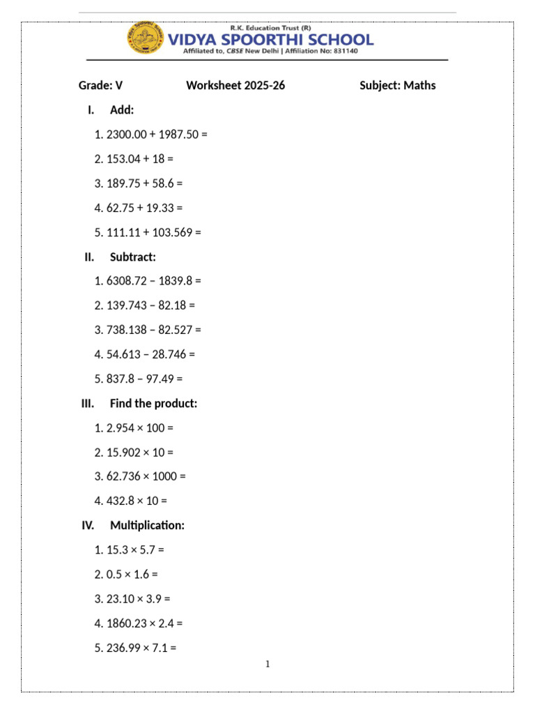 Grade V Maths Worksheet 2025-26 | PDF | Chess | Chess Theory