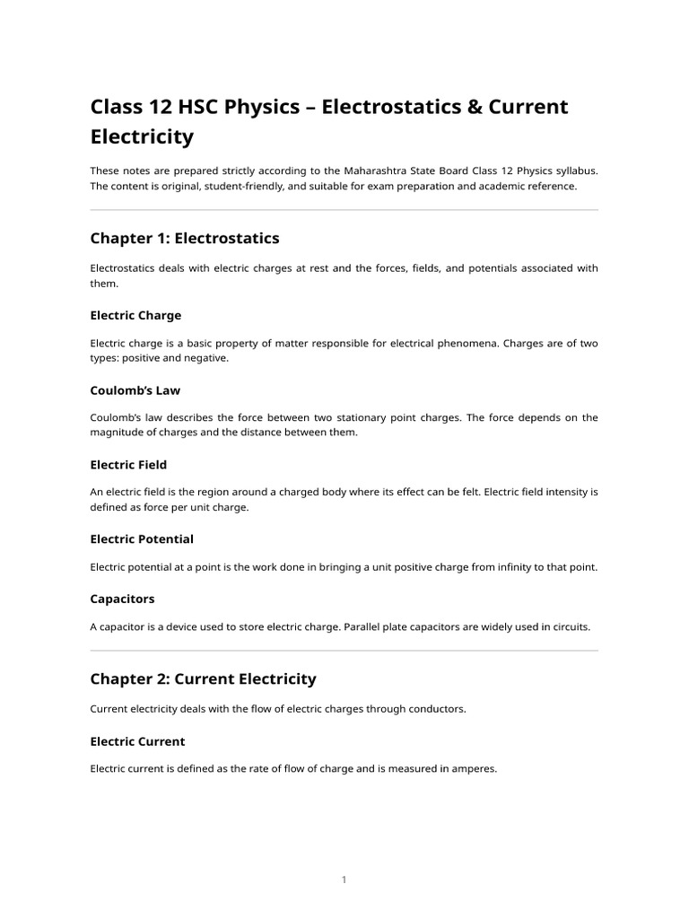 Class 12 Physics: Electrostatics & Current | PDF