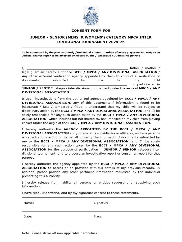 Consent Form for 2025-26 (Mandatory Required for Mpca Registration ...