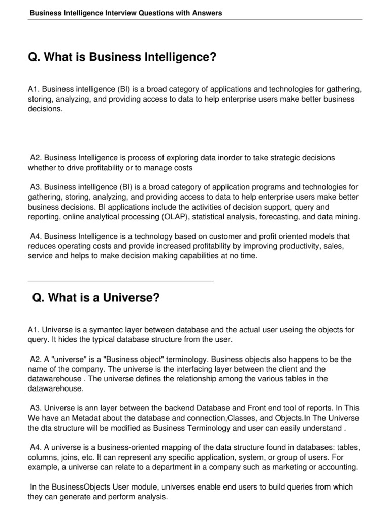 Business Intelligence Interview Questions With Answers | PDF | Business ...