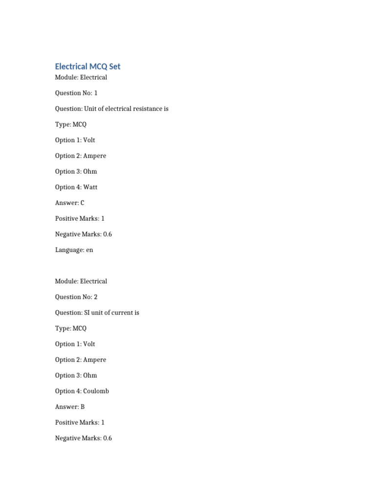 Electrical MCQ Quiz for Students | PDF