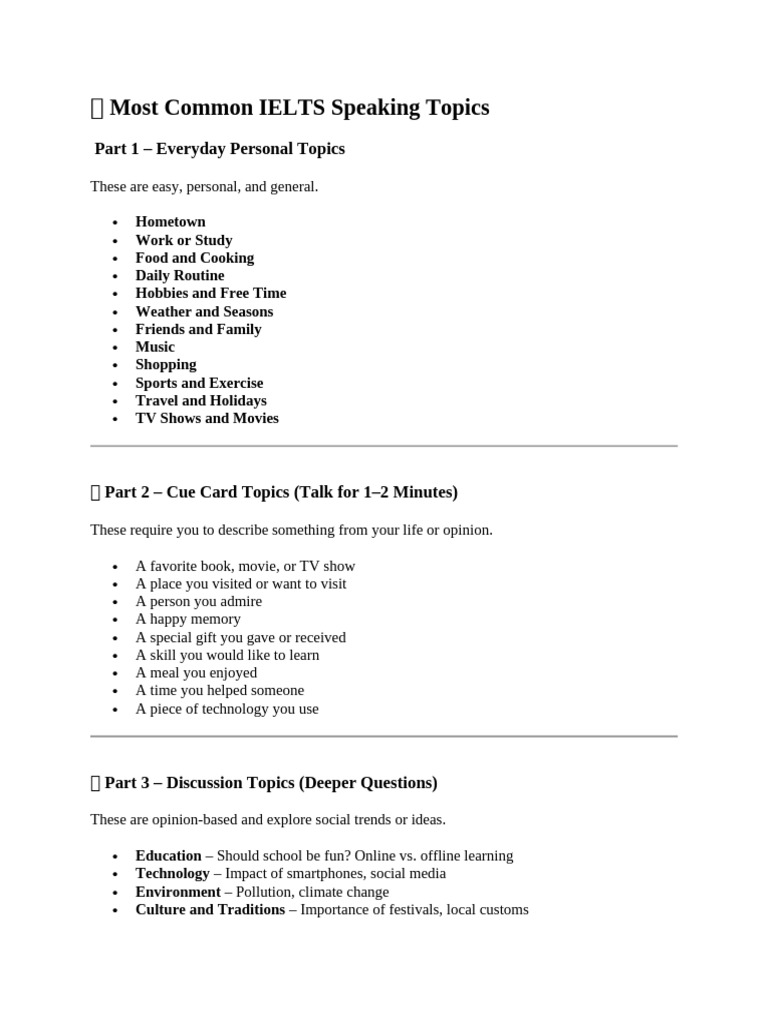 Common IELTS Speaking Topics Guide | PDF