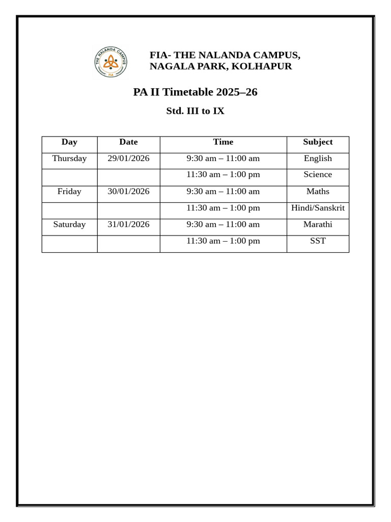 PA II Timetable 2025-26 for Std. III-IX | PDF
