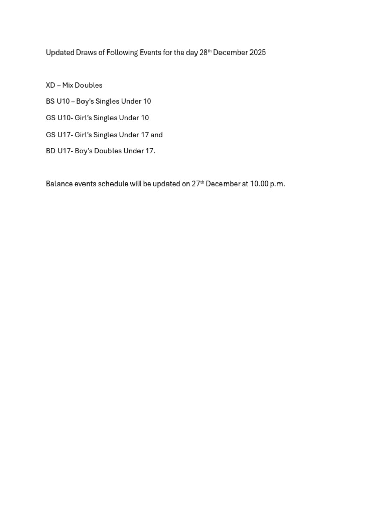Badminton Updated Draws Notice of 28.12.2025 | PDF