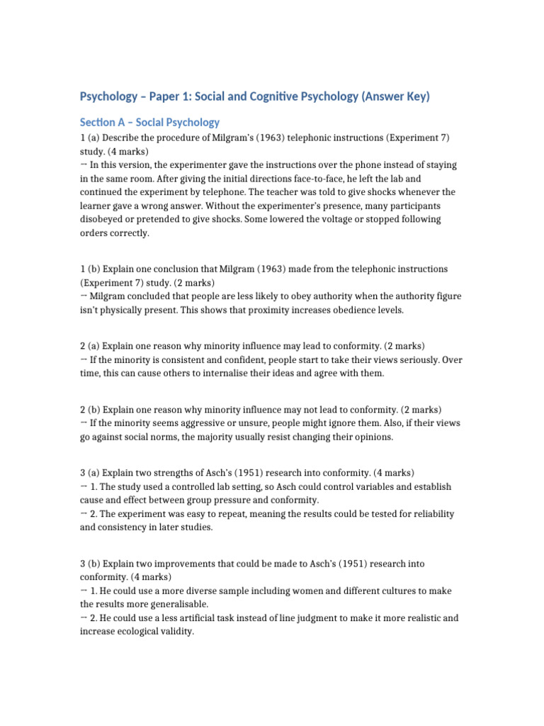 Social and Cognitive Psychology Exam Key | PDF | Conformity | Memory