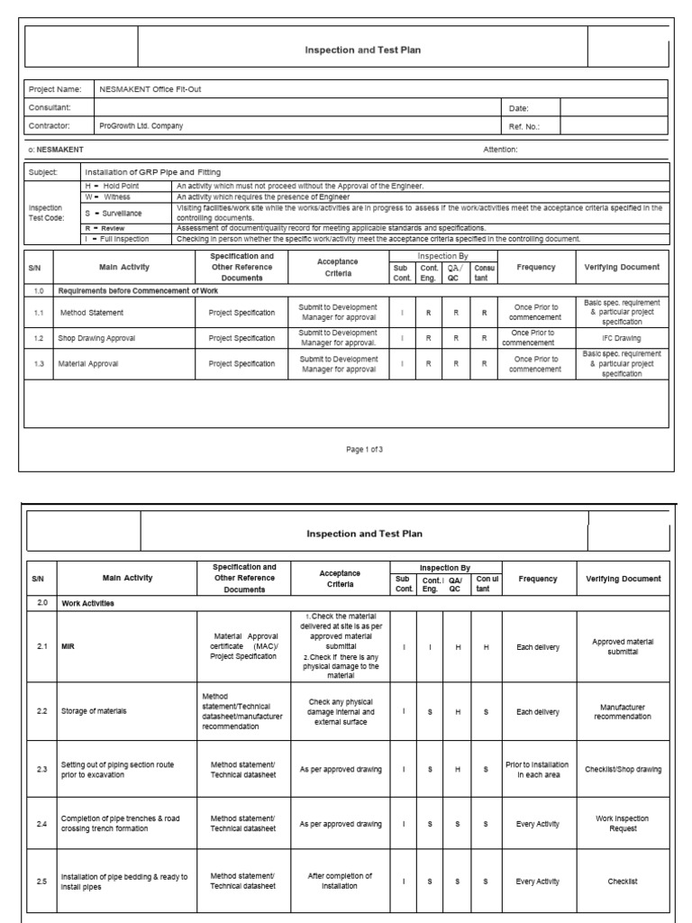 GRP Pipe Installation Inspection Plan | PDF | Specification (Technical ...