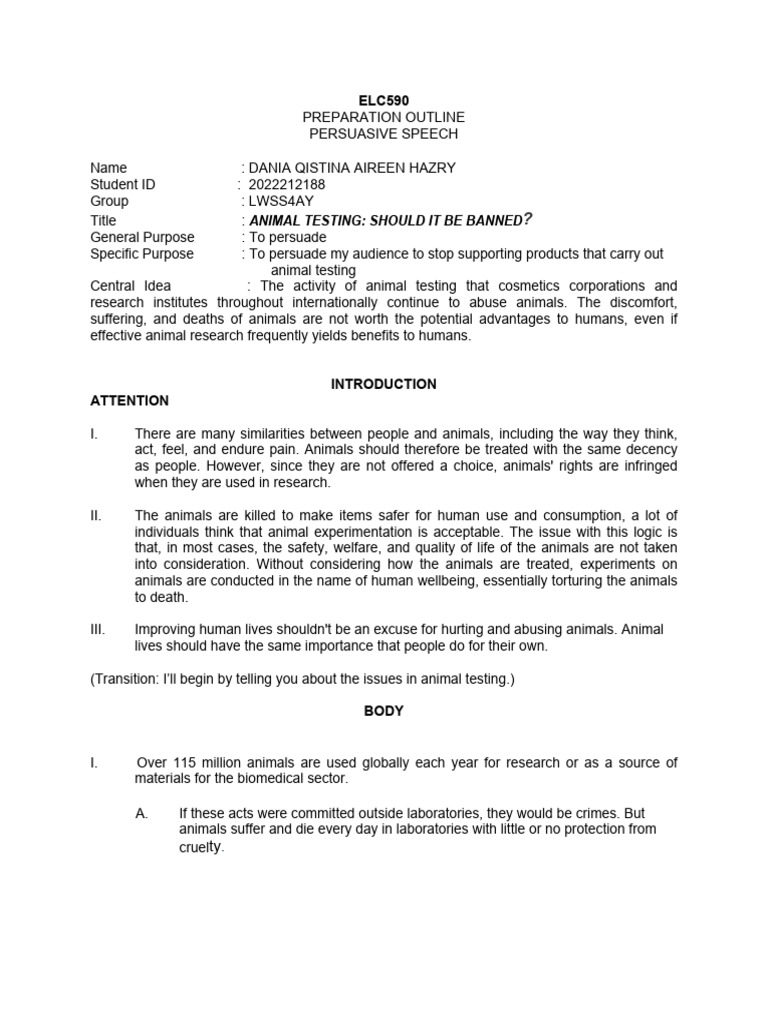 ELC590 Persuasive Speech - Animal Testing Outline | PDF | Animal ...