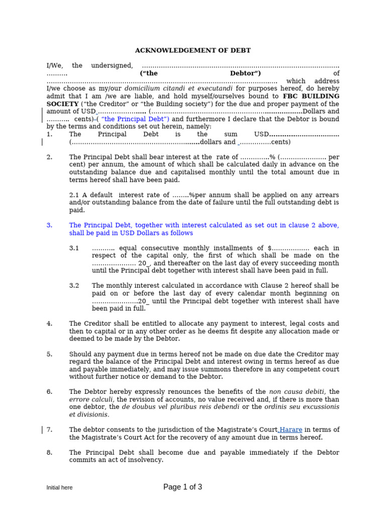 Acknowledgment of Debt Agreement | PDF | Debt | Debtor