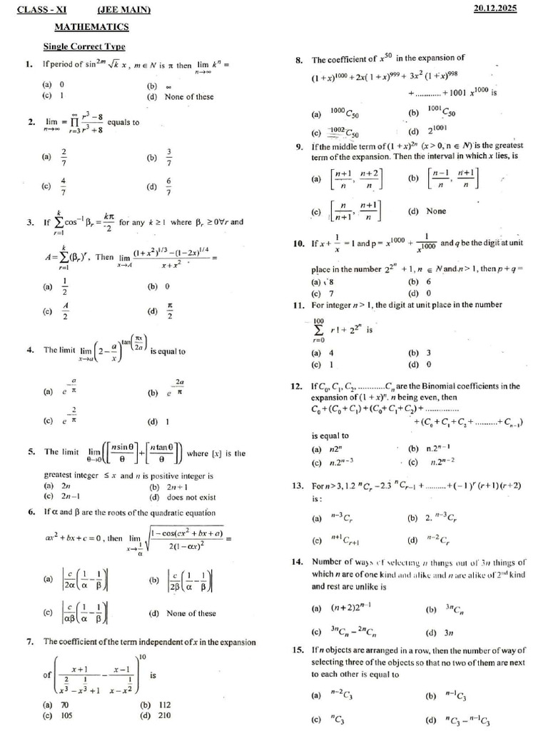 2025.12.20 Class-Xi (Jee Main) (Mathematics, Chemistry) Q-50 | PDF