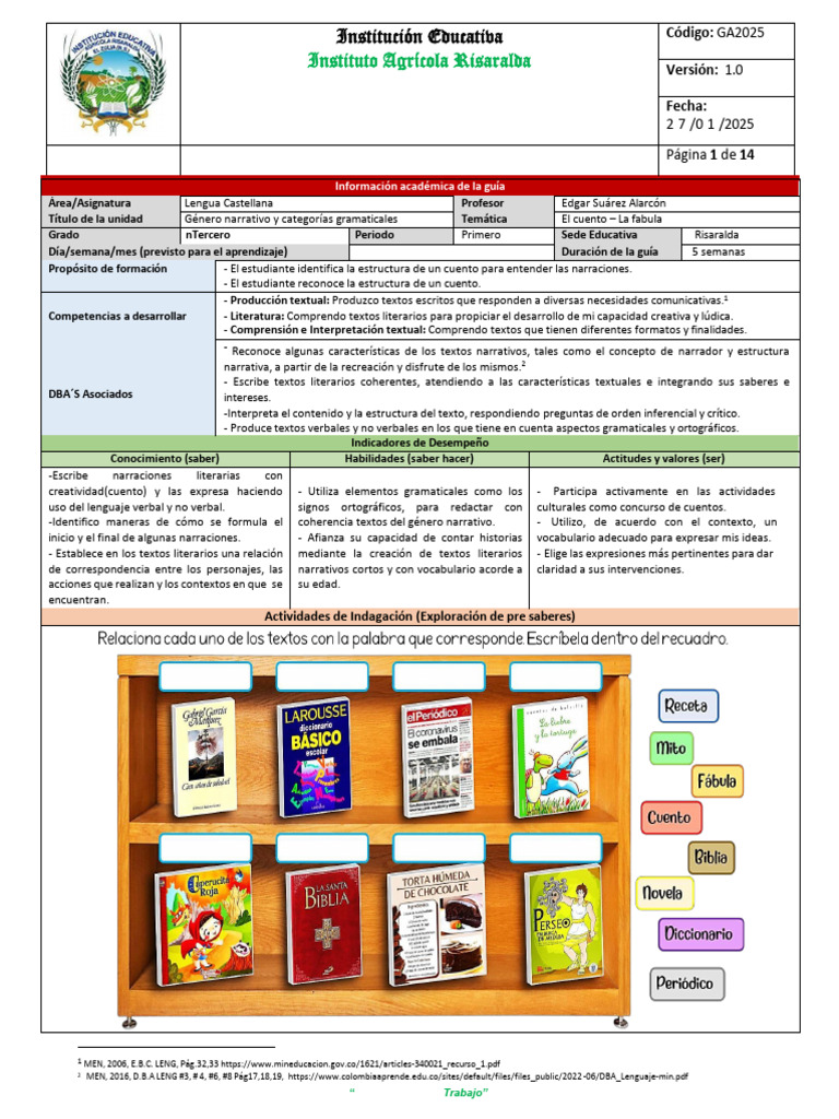 (2025) Guia 01ESPAÑOL Grado 3° | PDF | Fábula | Evaluación