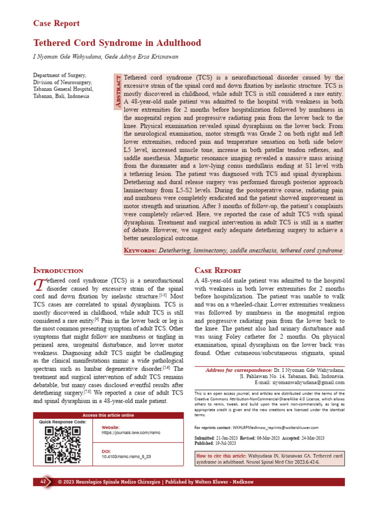 Adult Tethered Cord Syndrome Case Study | PDF | Surgery | Nervous System
