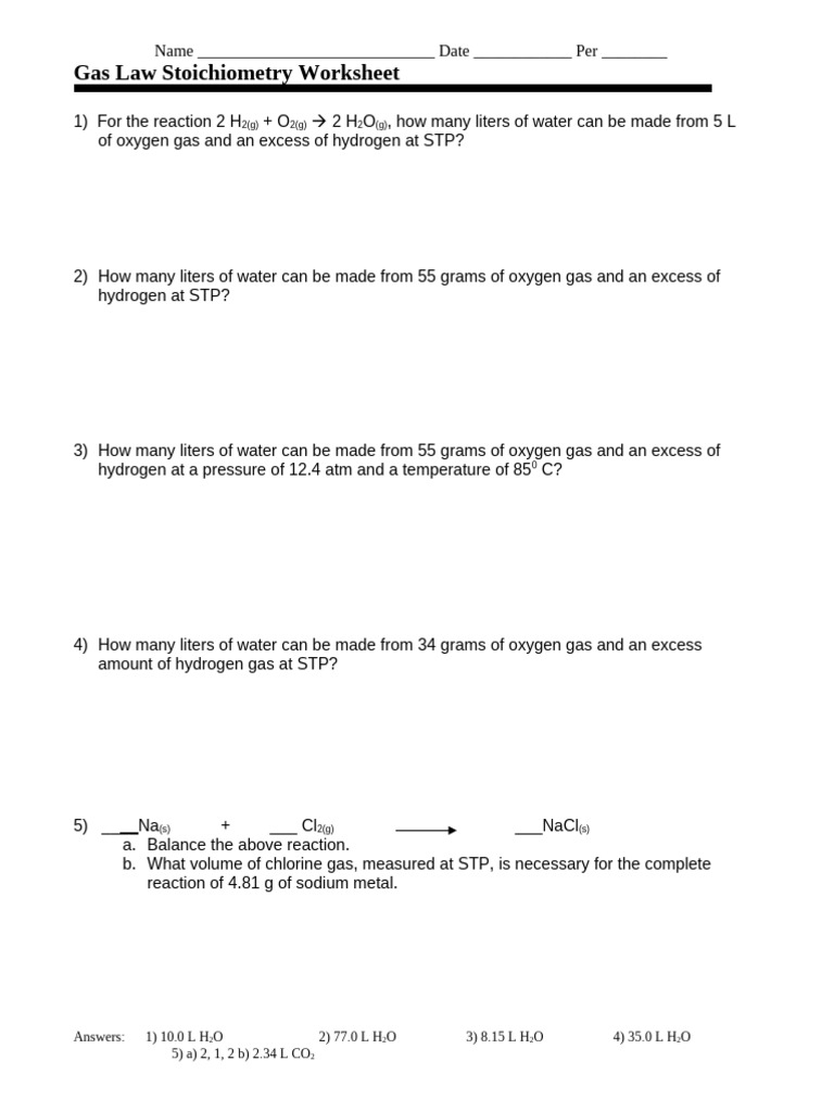 SCH3U1Gas Laws Stoichiometry Practice | PDF