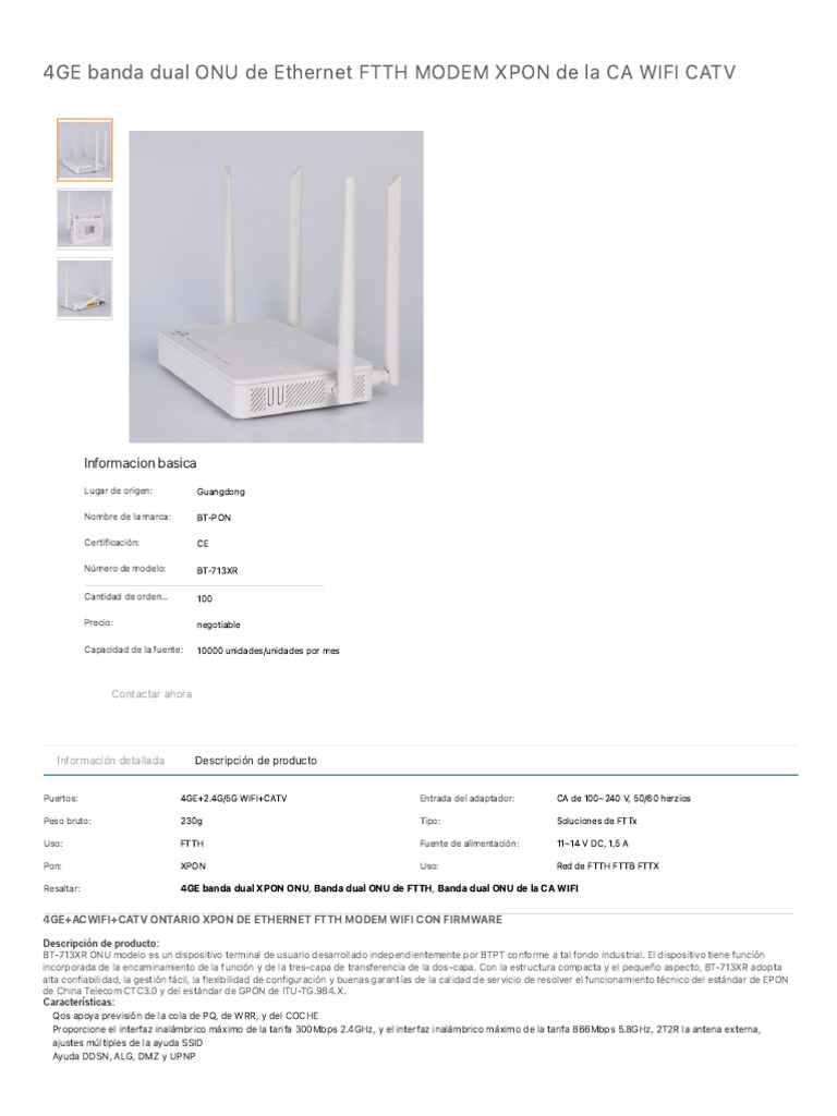 4ge Banda Dual Onu de Ethernet Ftth Modem Xpon de La CA Wifi Catv | PDF ...