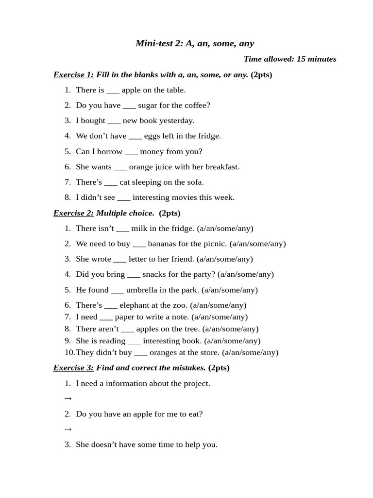 Mini-Test 2 A, An, Some. Any | PDF