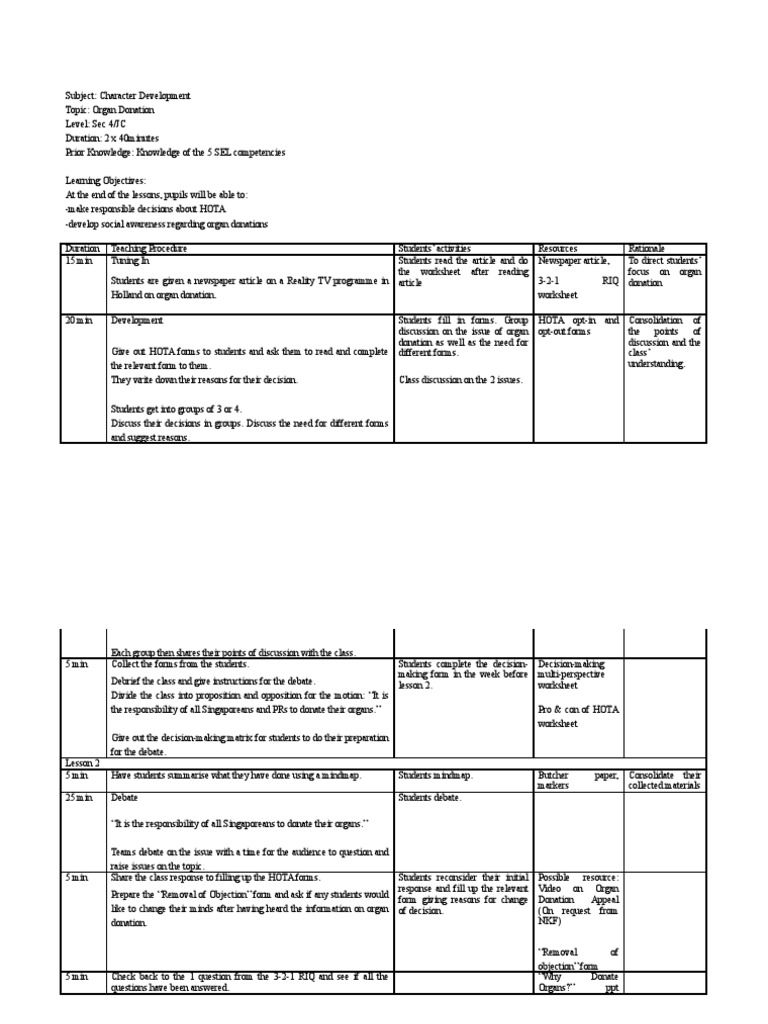 SEL: Organ Donation Lesson Plan | PDF | Organ Donation | Lesson Plan