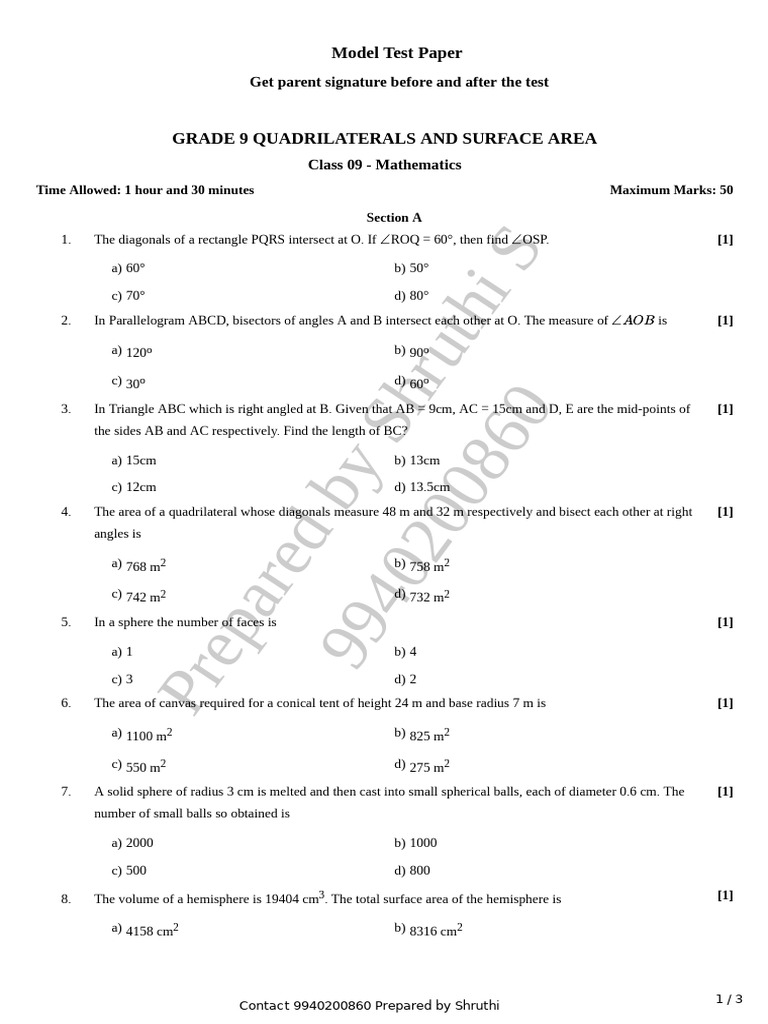 Grade 9 Quadrilaterals and Surface area | PDF | Area | Sphere