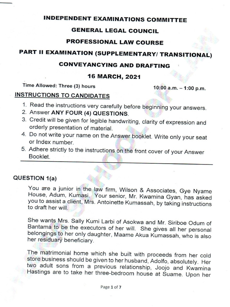 Conveyancing and Drafting, Part 2 Examination, 2021 | PDF