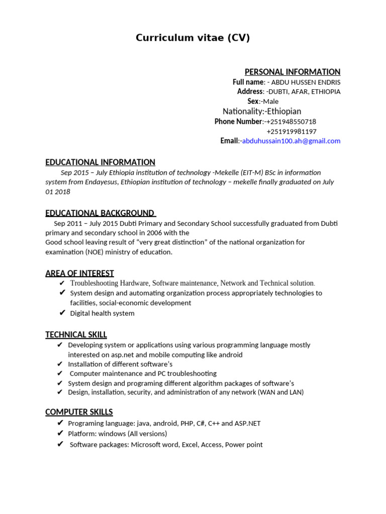 Abdu Hussen Endris CV - IT Specialist | PDF | Android (Operating System ...