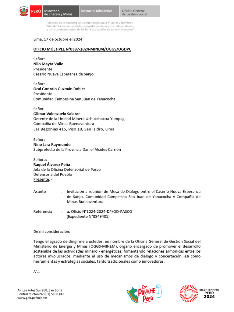 Oficio M Ltiple N 0387 2024 Minem Oggs Ogdpc | PDF | Gobierno
