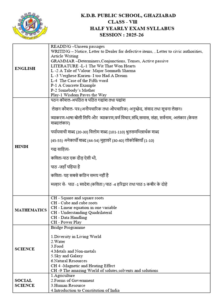 Class VLLL H.Y Syllabus (2025-26) | PDF