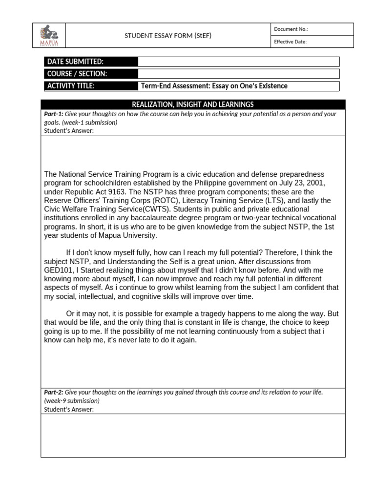 Form NSTP100 Term End Assessment Essay on Ones Existence Copy | PDF ...